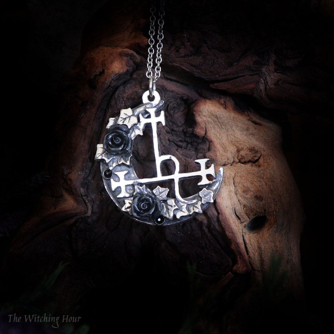 Seal of Lilith Necklace With Moon Crescent and Grey Roses, Handmade ...