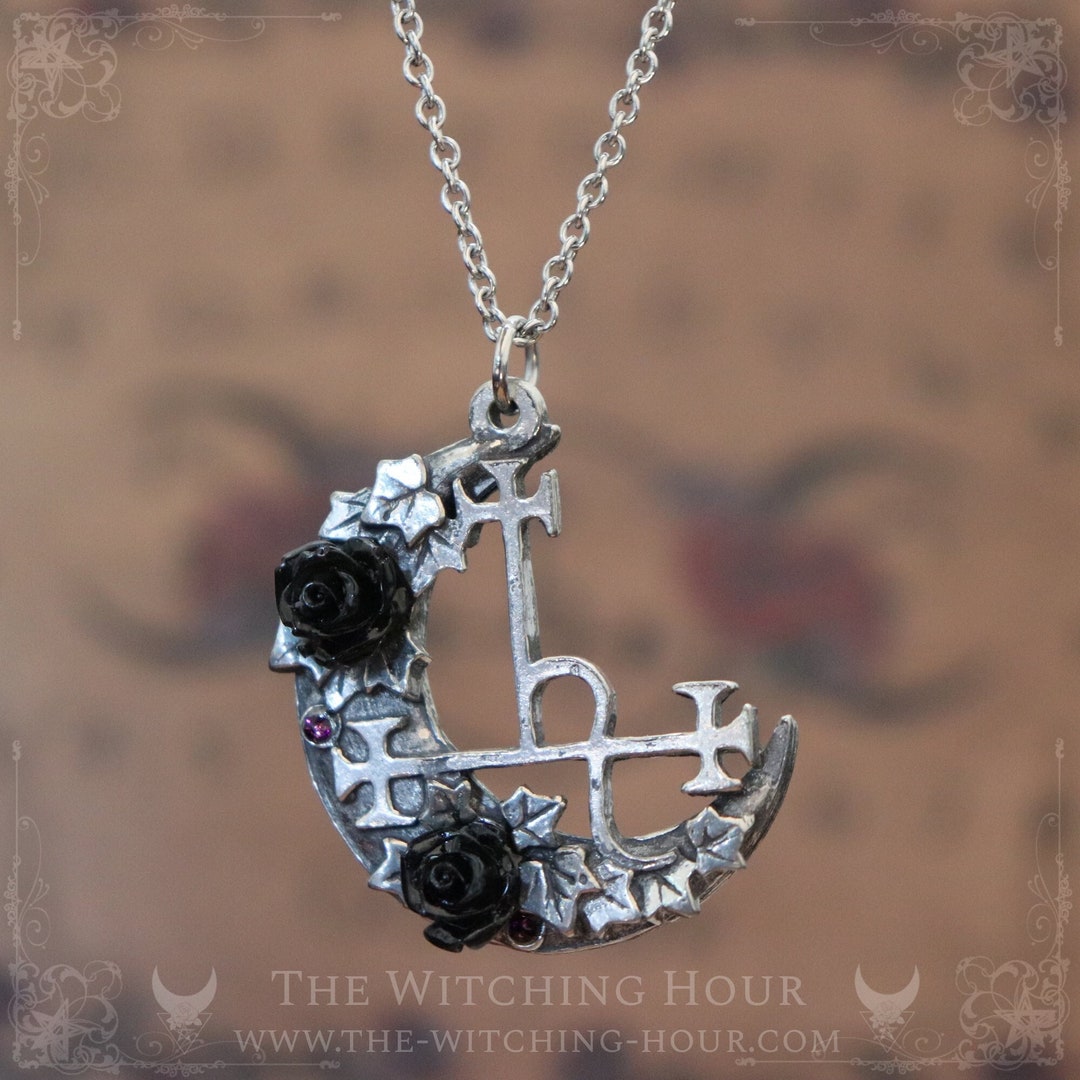 Lilith Sigil Necklace With Moon Crescent and Black Roses, Seal of the Goddess Lilith, Handmade ...