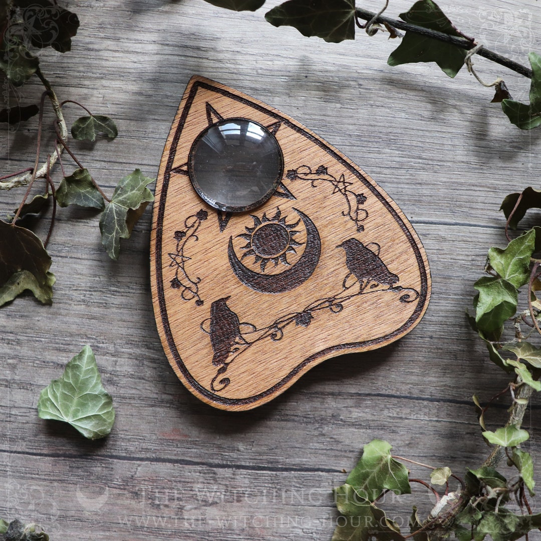 Crows and Moon Crescent Wooden Ouija Planchette, Engraved, Spiritualism Tool Divination Spirit ...