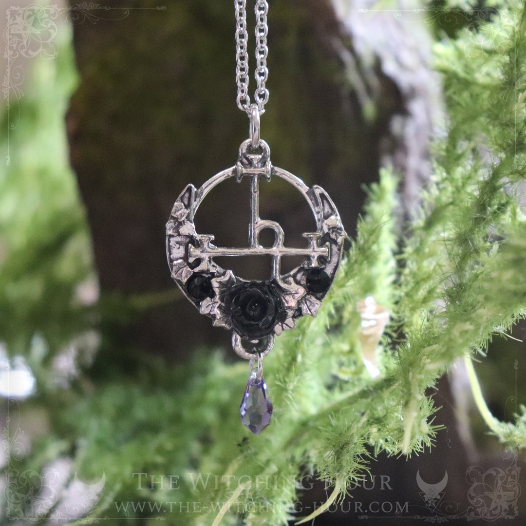 Lilith's Sigil Necklace With Moon Cresent, Black Rose and Light Purple ...