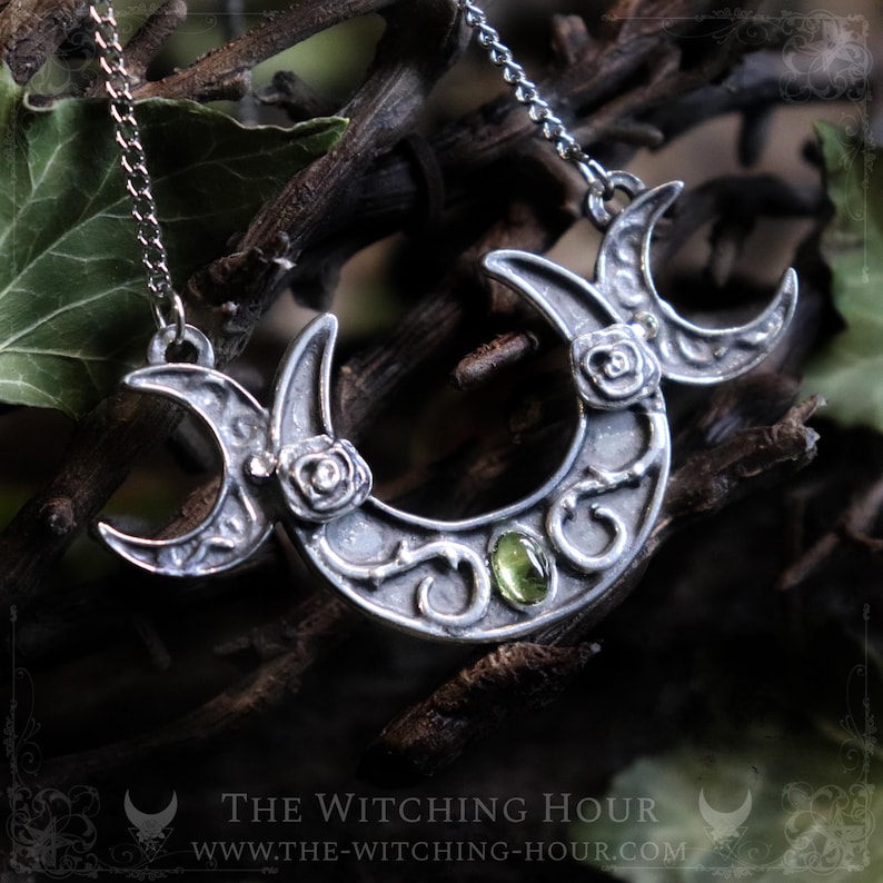 Triple Moon Necklace With Peridot, Handmade Wiccan Jewelry in Fine ...