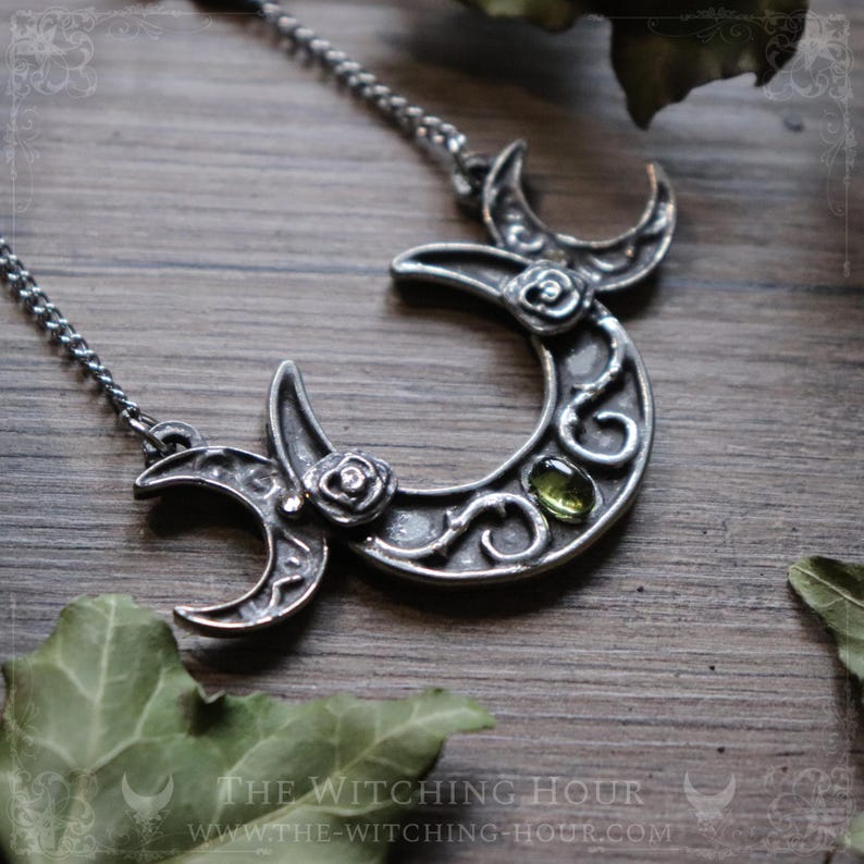 Triple Moon Necklace With Peridot, Handmade Wiccan Jewelry in Fine ...