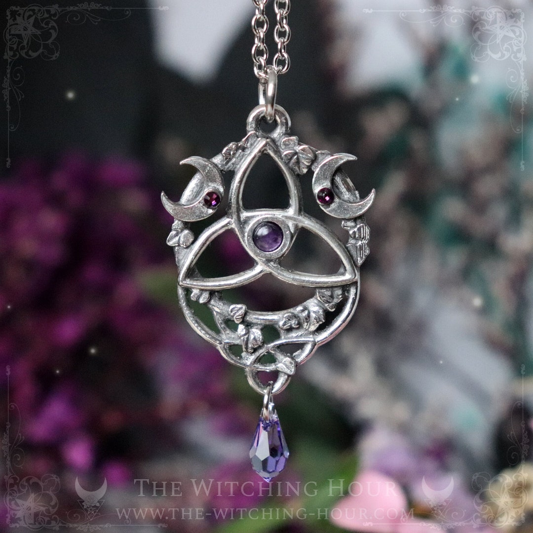 Elven Triquetra Necklace With Natural Amethyst, Celtic Knot Necklace ...