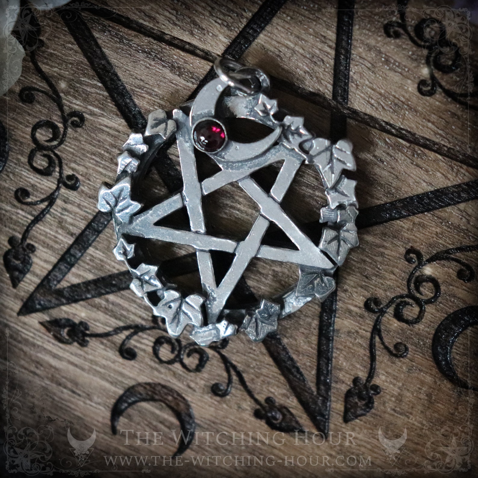 Inverted Pentacle Necklace With Moon Crescent and Garnet, Satanic ...