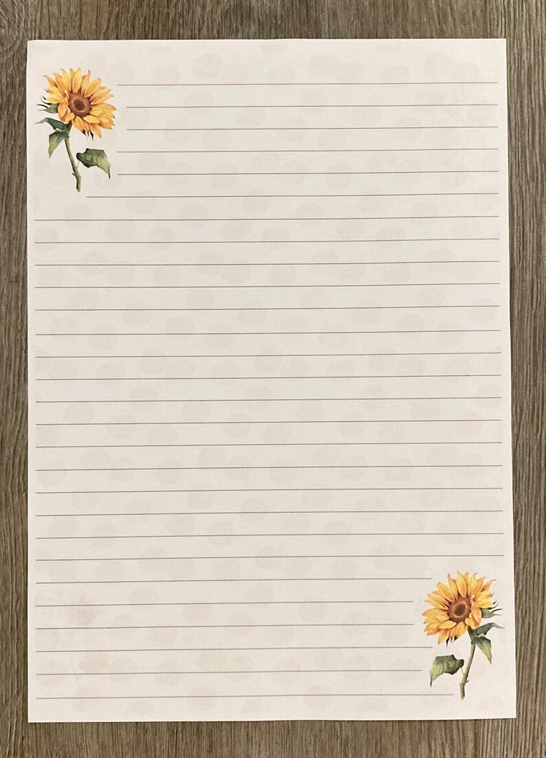 Sunflower Writing Paper, A4 Writing Paper, Floral Stationery, Lined ...