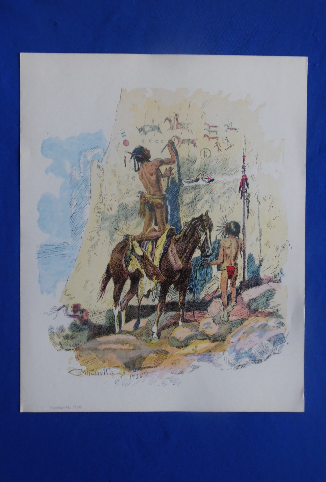 Antique INDIAN MAN Lithograph Charles M Russell Montana Western Cowboy ...