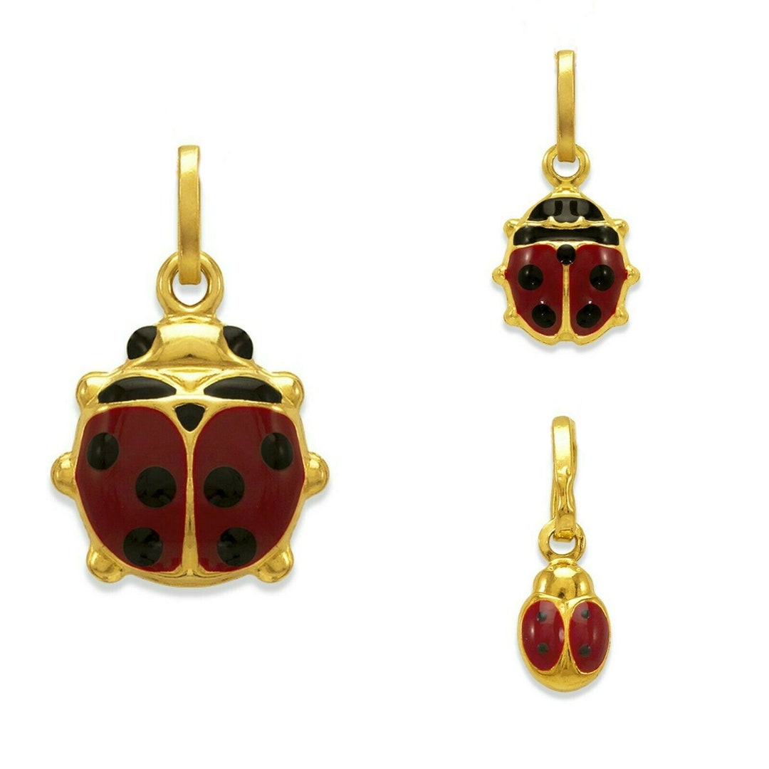 14K Solid Yellow Gold Enamel Ladybug Necklace Pendant, Lady Beetle ...