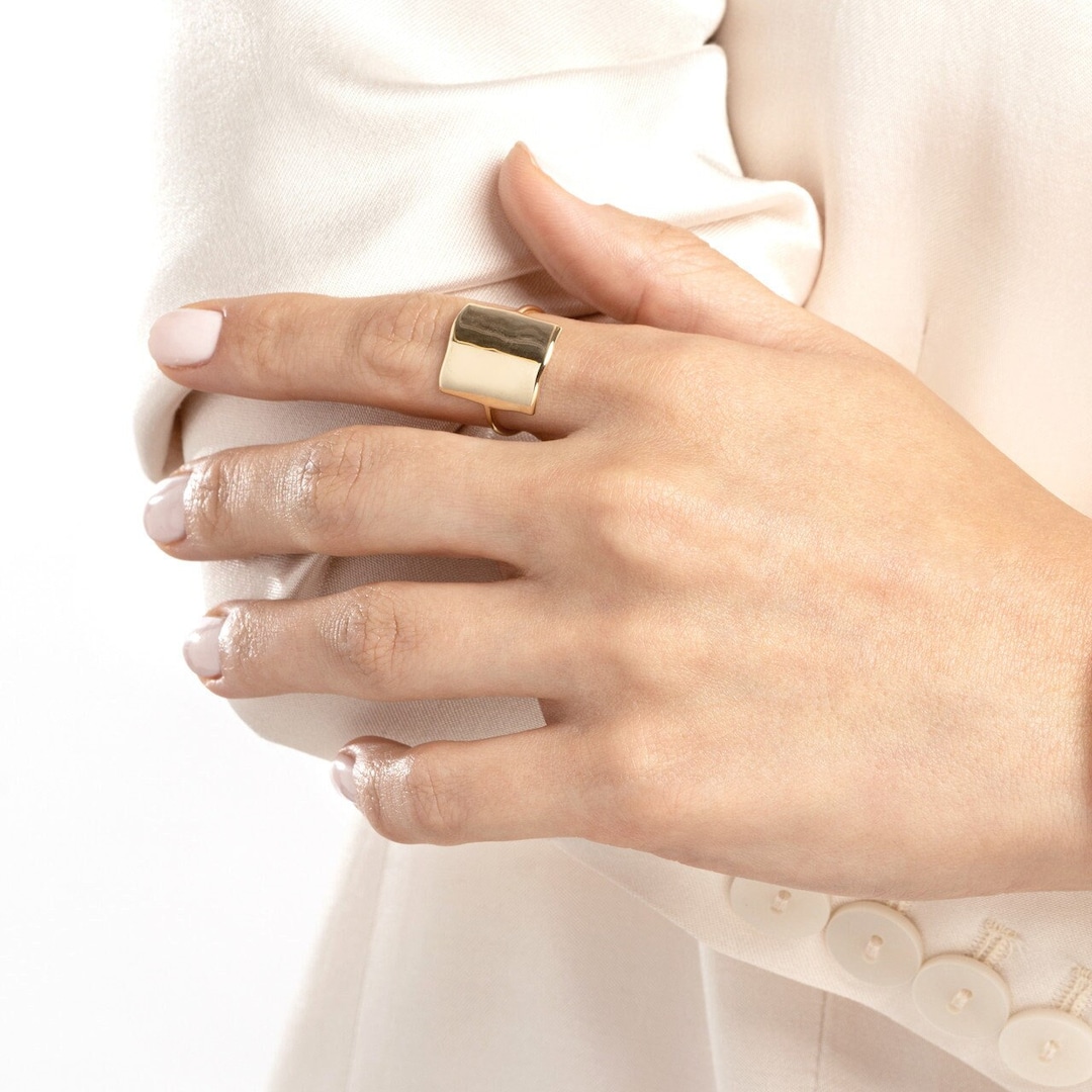 Engravable Rectangle Ring 14K Solid Gold Square Statement Ring, Unique ...