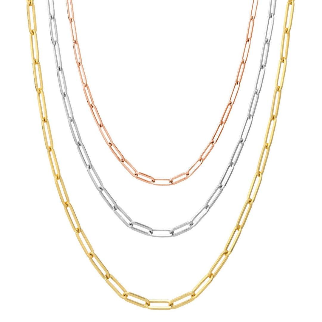 Paperclip Chain Necklace Real 14K Yellow White Rose Solid Gold Open Rectangle Link Necklace for ...