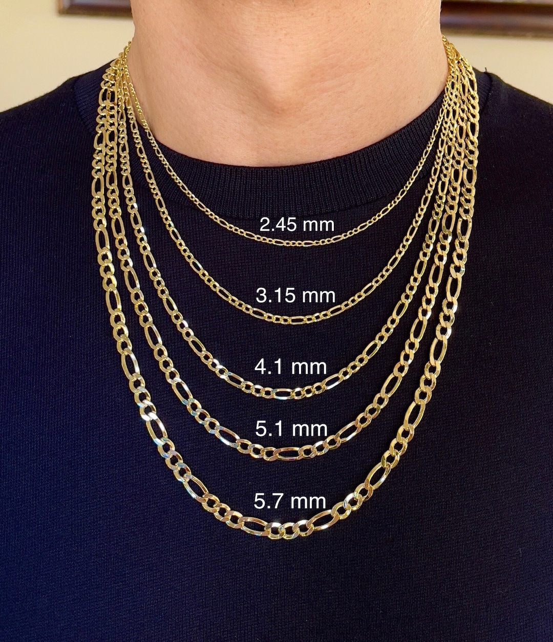 Figaro Chain Necklace 14K Yellow White Real Gold 2mm, 2.45mm, 3.15mm, 4.1mm, 5.1mm, 5.7mm ...