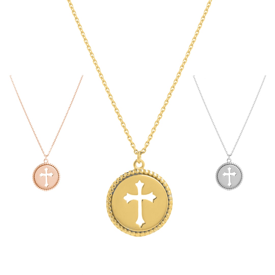 Small Cross Medallion Necklace 14K Yellow White Rose Solid Gold Cut Out ...