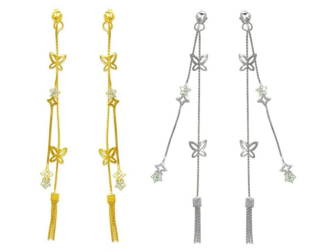 Butterfly Dangle Earrings Solid 14K Yellow White Gold CZ Long Chain ...