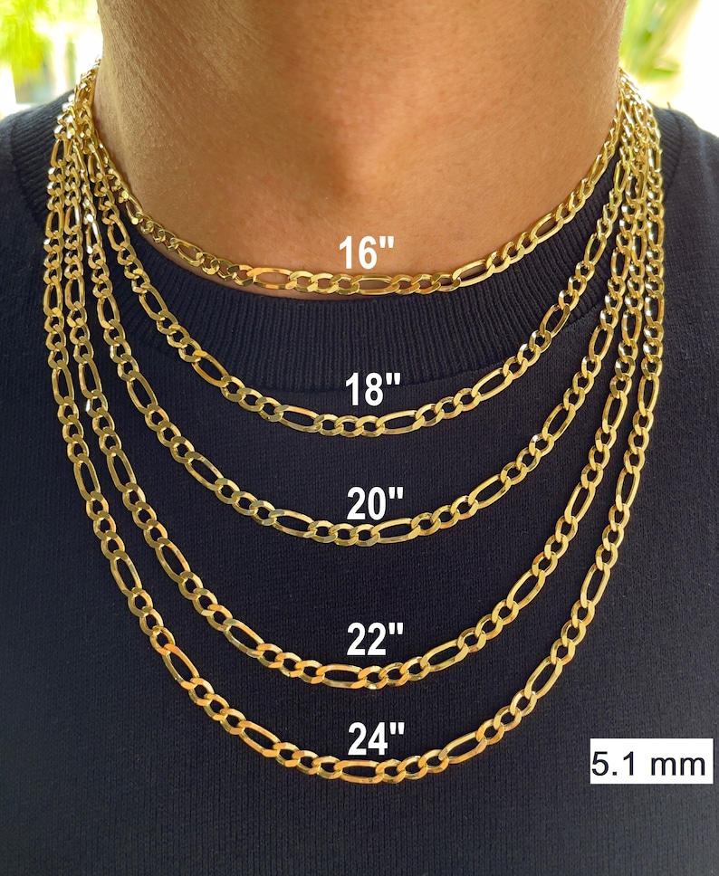 14K Real Gold Figaro Chain Necklace Men Women, 2mm-5.7mm Yellow White ...