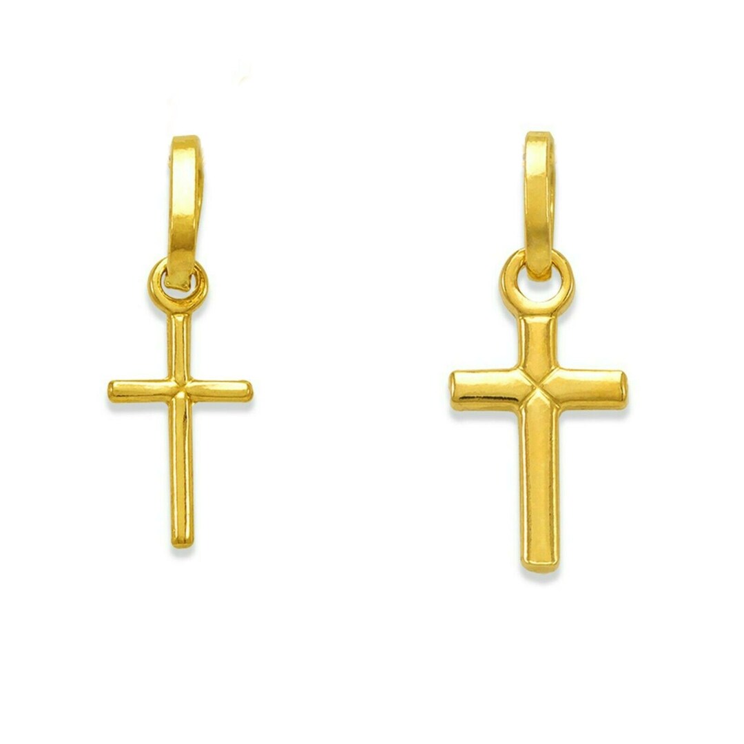 14K Solid Yellow Gold Italy Mini Cross Necklace Pendant, Dainty Cross ...
