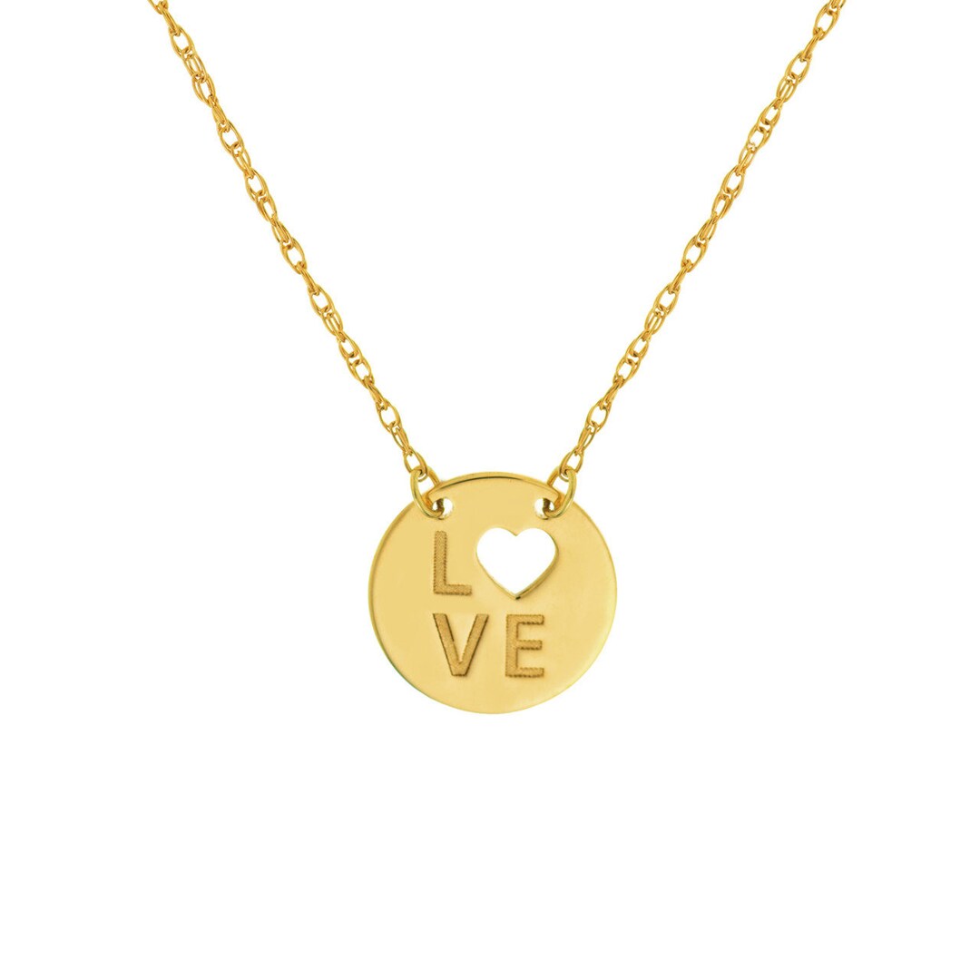 Love Necklace Real 14K Yellow Solid Gold Cut Out Heart Disc Pendant ...