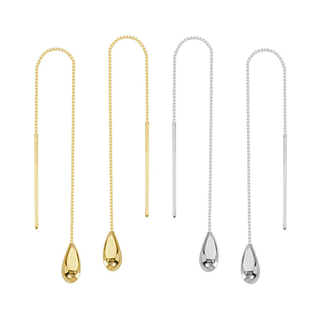 Tear Drop Threader Earrings Long Box Chain Earrings 14K Solid Yellow ...