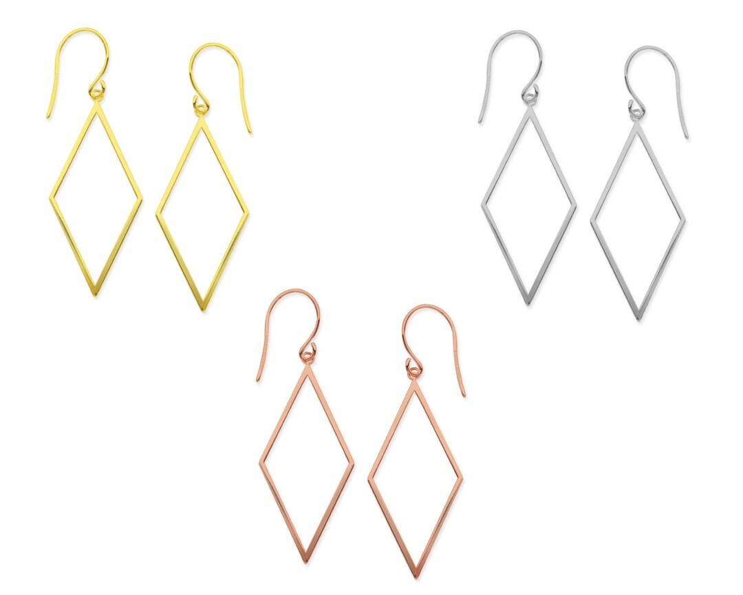 14K Solid Gold Geometric Rhombus Dangle Earrings, Diamond Shaped ...
