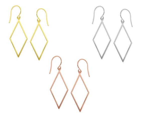 14K Solid Gold Geometric Rhombus Dangle Earrings Diamond | Etsy