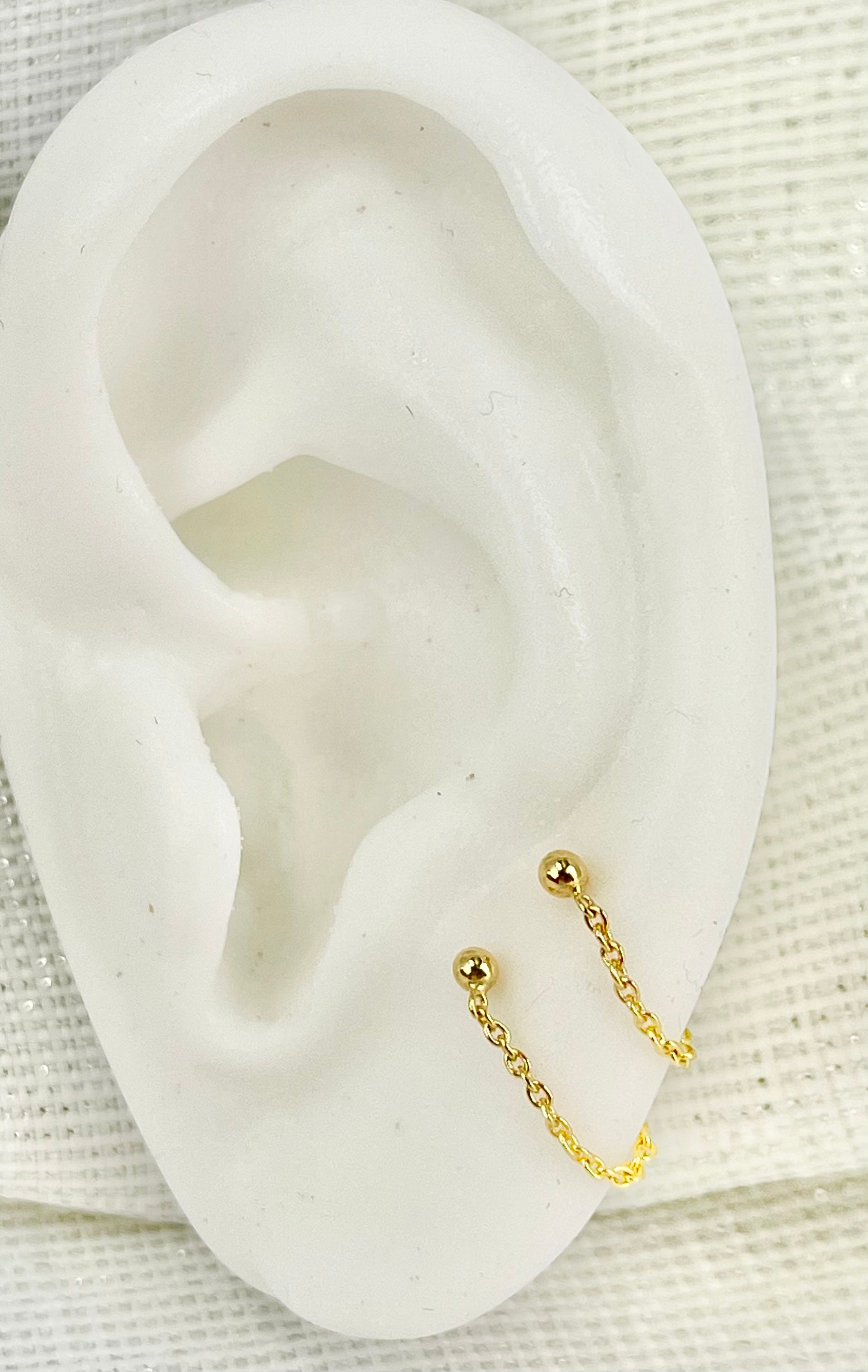 14K Solid Gold Chain Stud Earrings Front To Back Chain | Etsy