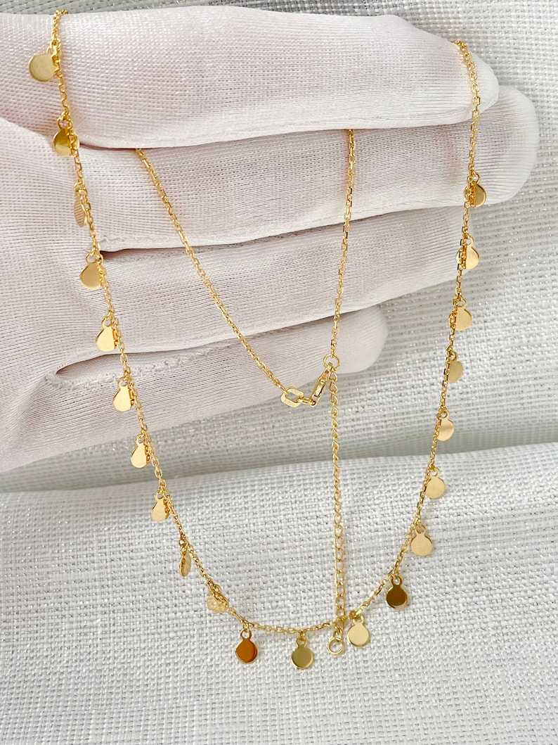 14K Solid Gold Multi Disc Necklace: Dainty Coin Charm, Adjustable Cable ...