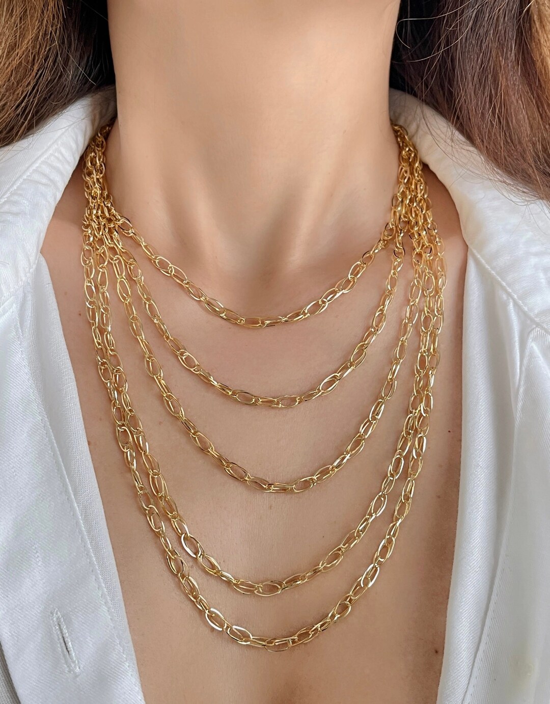 14K Yellow Real Gold Chain Link Necklace, Chunky Double Link Chain, 3 ...