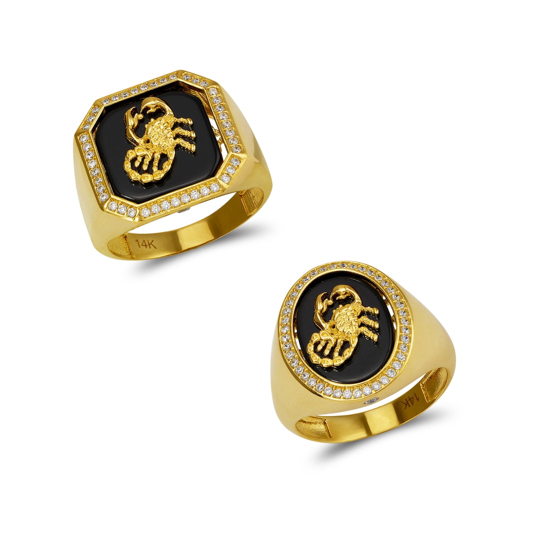 Scorpion Ring Men 14K Solid Yellow Gold Oval Black Onyx Ring, 14K Gold ...
