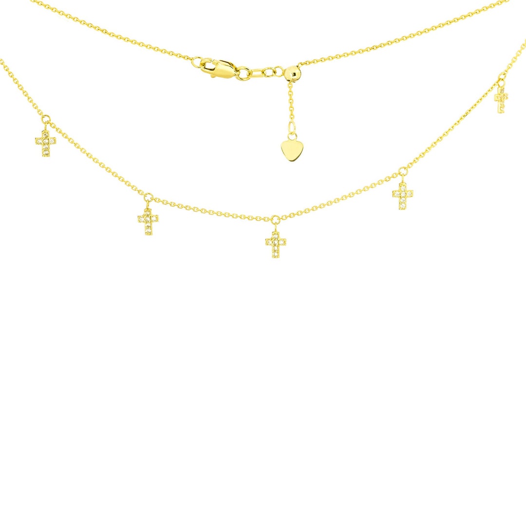 Cross Choker Necklace 14K Solid Gold CZ Small Cross Dangle Necklace for ...