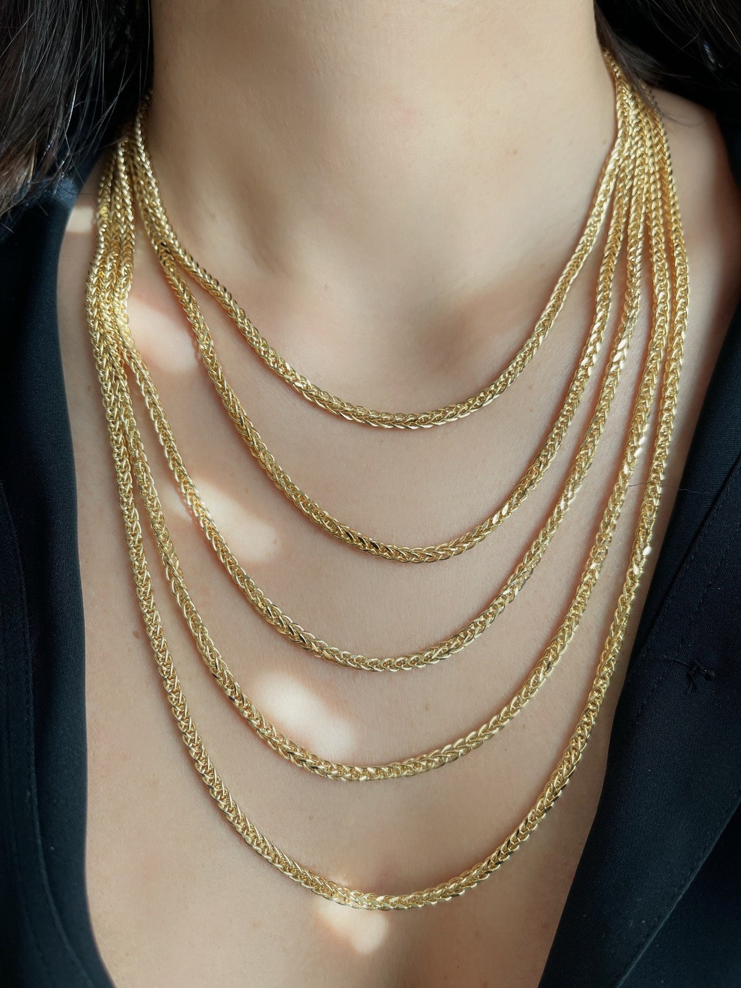 Square Wheat Chain Necklace 10K 14K Yellow Real Gold Men Women 1.75mm 2 ...