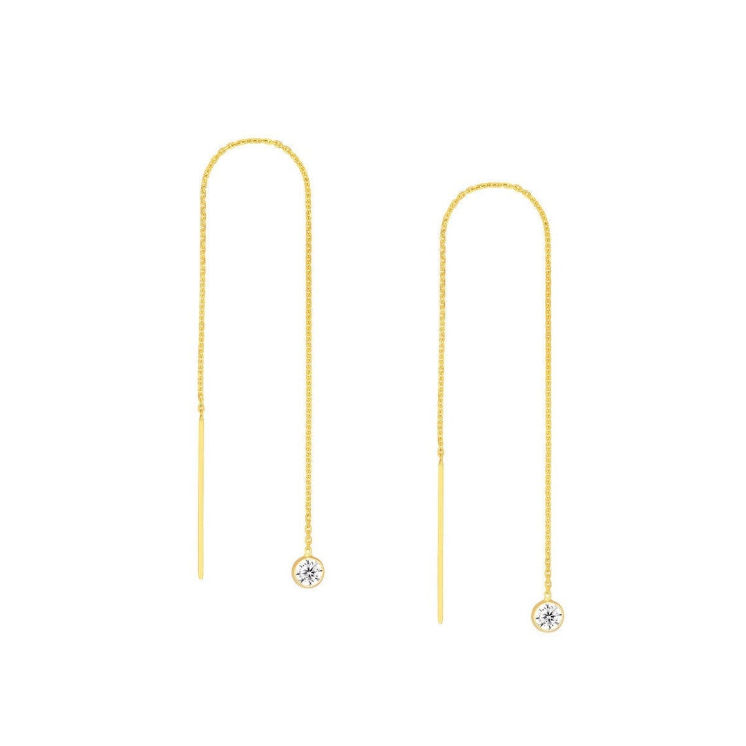 CZ Threader Earrings 14K Solid Yellow Gold Dangle Bar Chain Thread ...