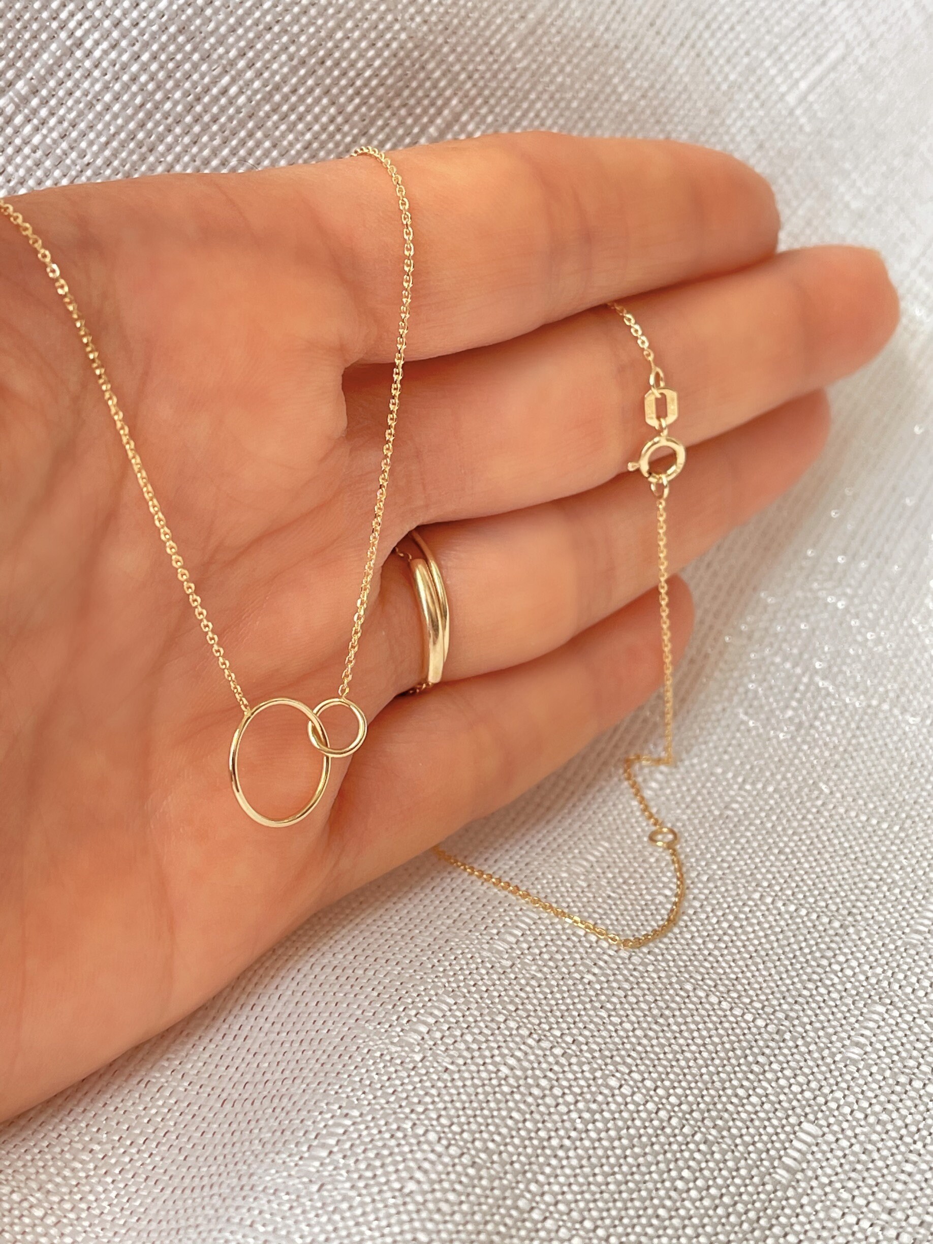 Double Ring Necklace 14K Solid Gold Entwined Double Circle | Etsy