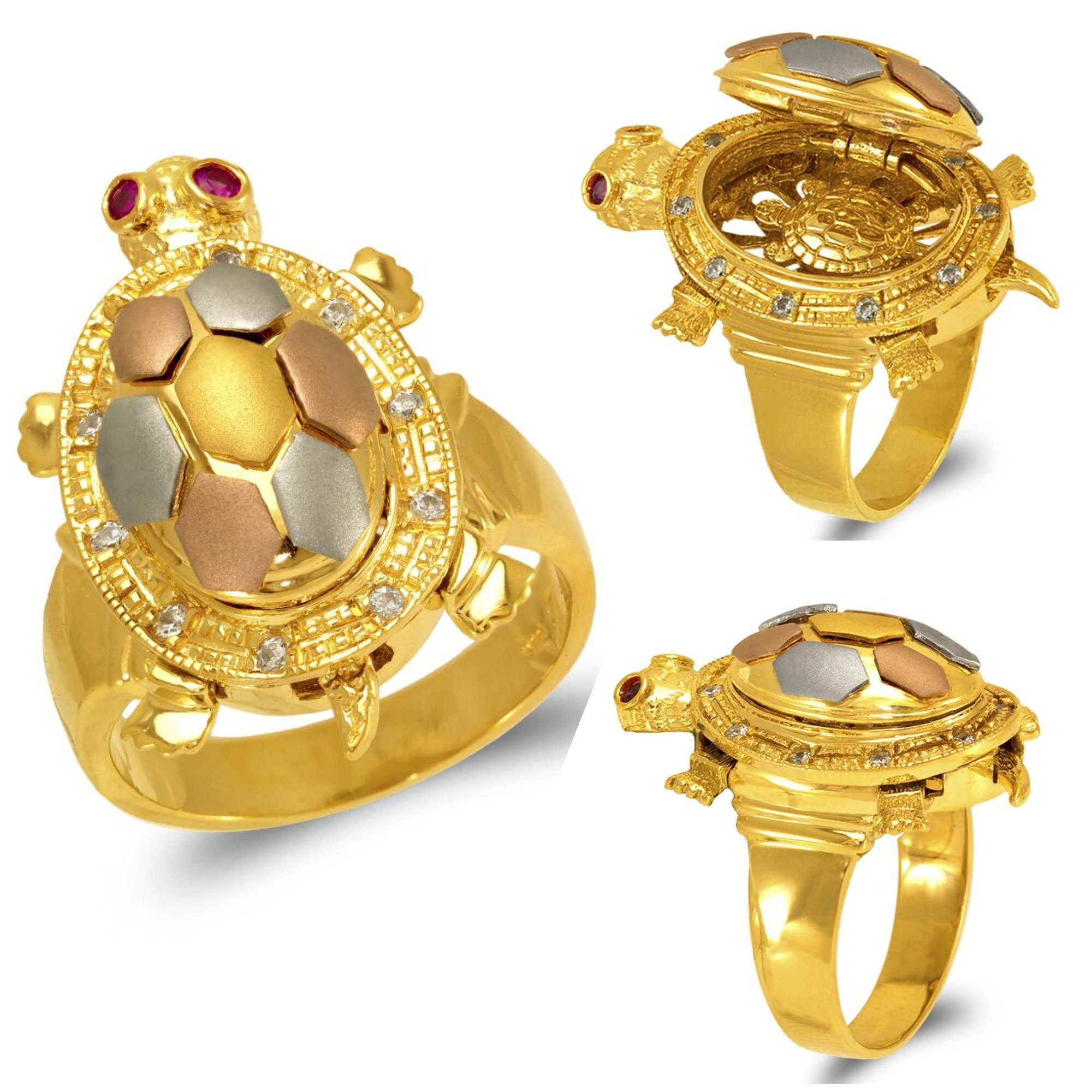 14K Solid Tri Color Gold Turtle Ring, Unique Dainty Jewelry, Good Luck ...