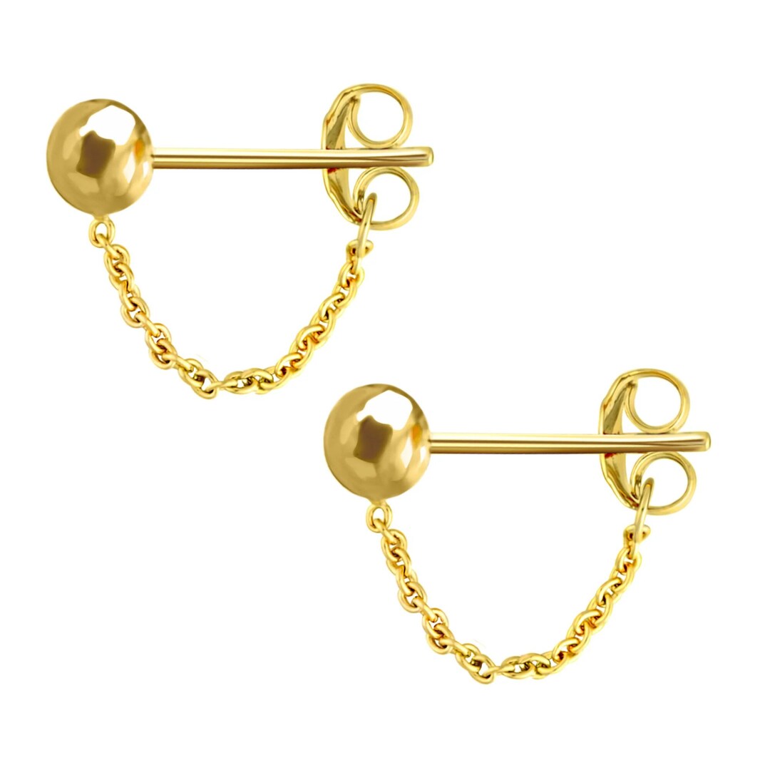 Chain Stud Earrings Real 14K Yellow Solid Gold Dainty 5mm Ball Studs ...