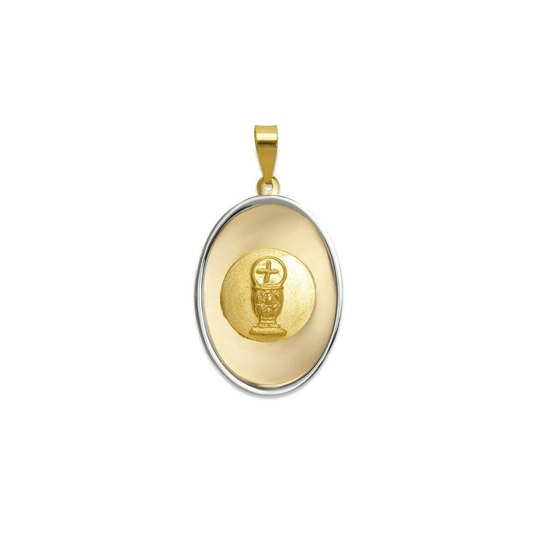 First Holy Communion Medal 14K Solid Two Tone Gold Oval Medallion ...
