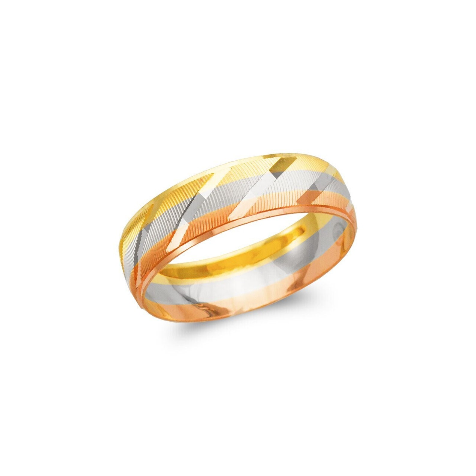 14K Solid Tri Color Gold Wedding Band Men Women, Diamond Cut Stamped ...