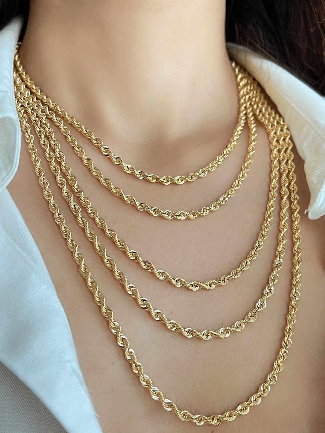 10K 14K Real Gold Rope Chain, Diamond Cut Twisted Rope Necklace Dainty ...