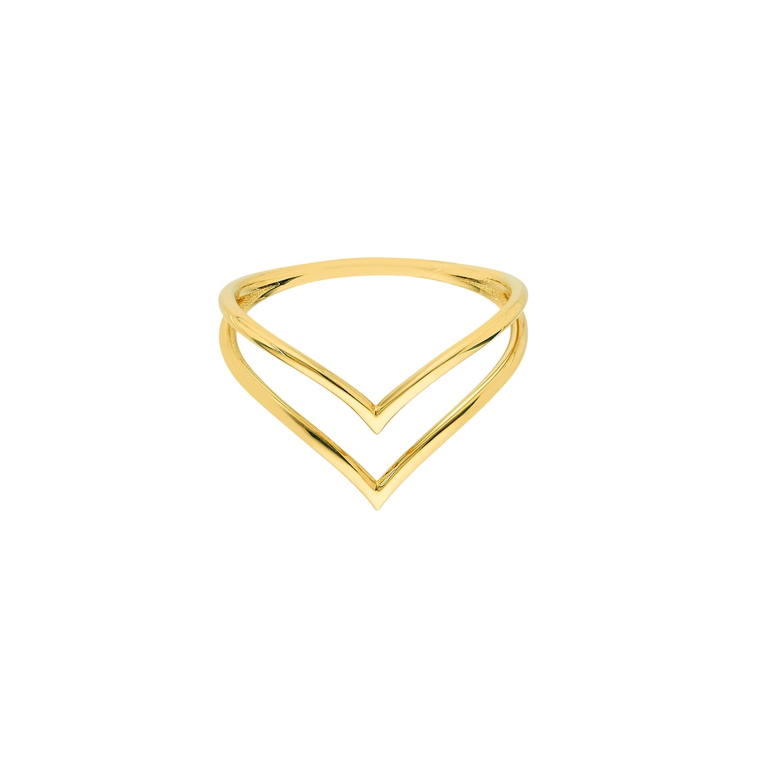 Double Chevron Ring 14K Solid Yellow Gold V Ring for Women, Delicate ...