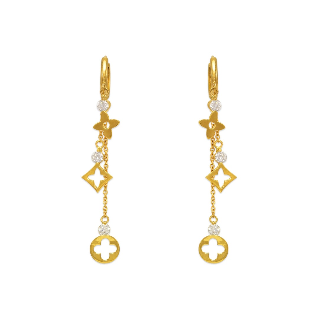 14K Solid Yellow White Gold Drop Dangle Earrings, CZ Dainty Modern ...
