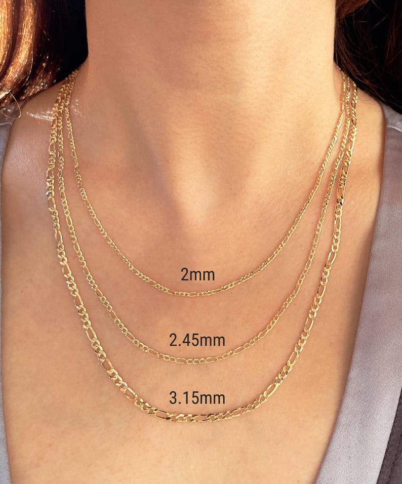 14K Real Gold Figaro Chain Necklace Men Women, 2mm-5.7mm Yellow White ...