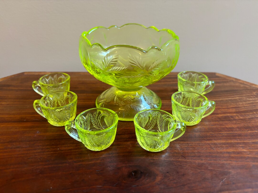Antique Child's Vaseline Glass Miniature Punch Bowl Set Cambridge Glass ...