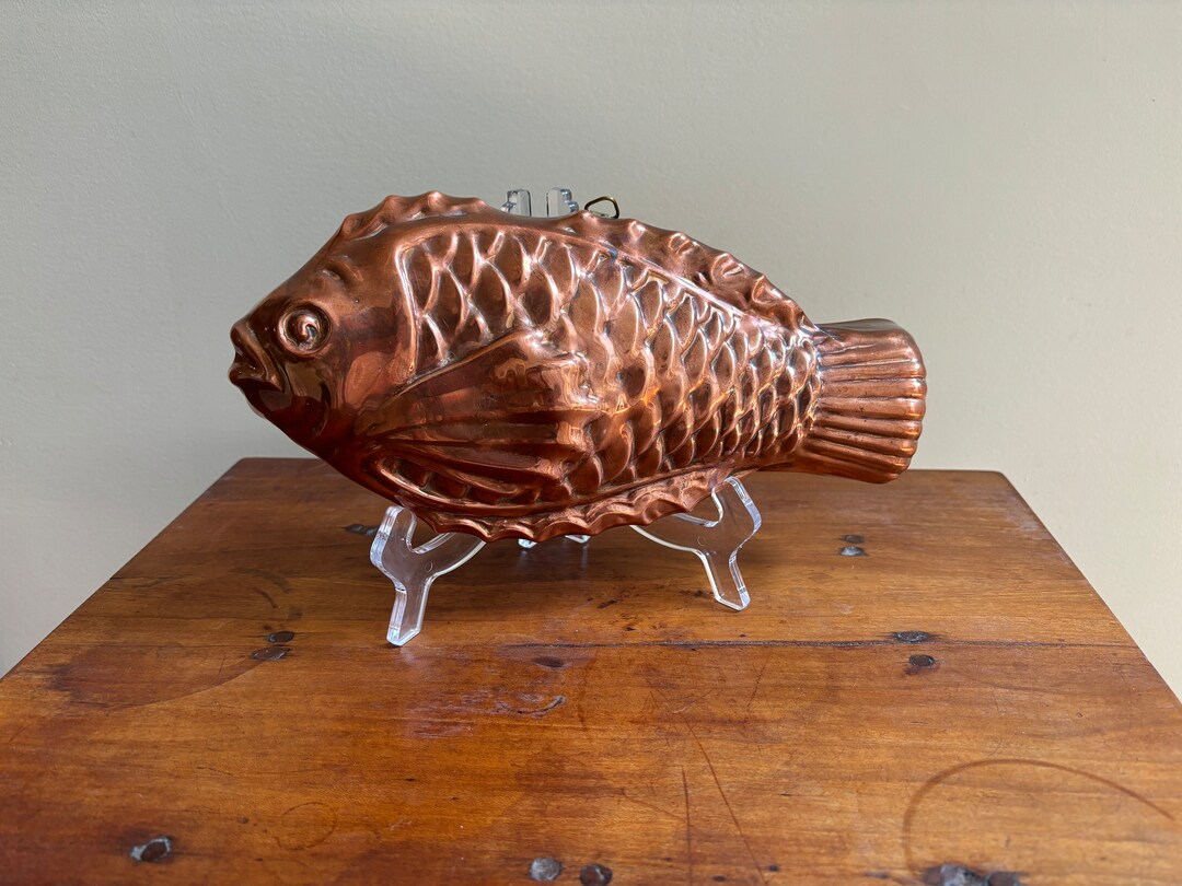 Antique 10 7/8" L Copper Fish Cake Mold Large Tin Lined With Brass Loop ...