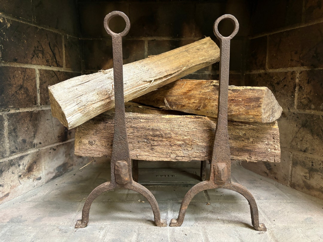 Pr Antique 19th C Hand Wrought Iron Andirons Fire Dogs Primitive ...