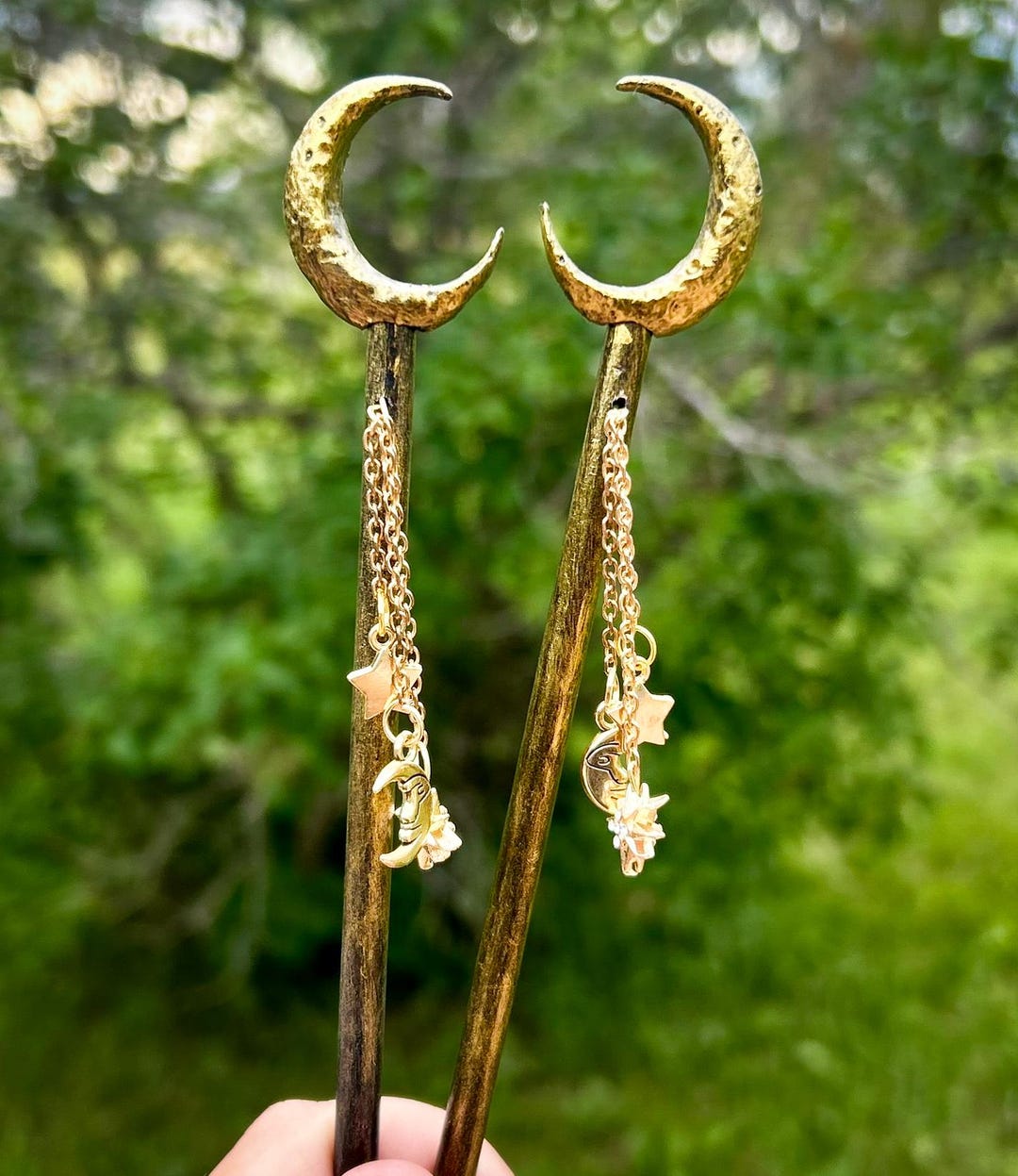 Handmade Golden Crescent Moon Hair Sticks, Gold Wooden Witchy Resin ...