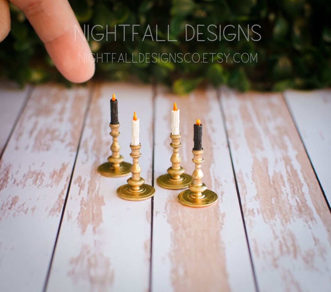Handmade Miniature Black White Candle Gold Candlestick, Set of Two ...