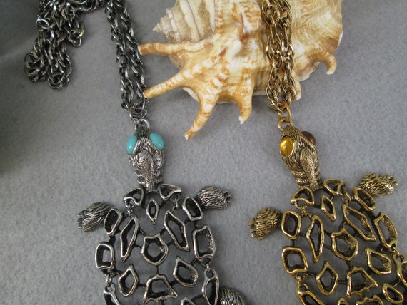 Rare Large Vintage 70's TURTLE Necklace>Gold or Silve… - Gem