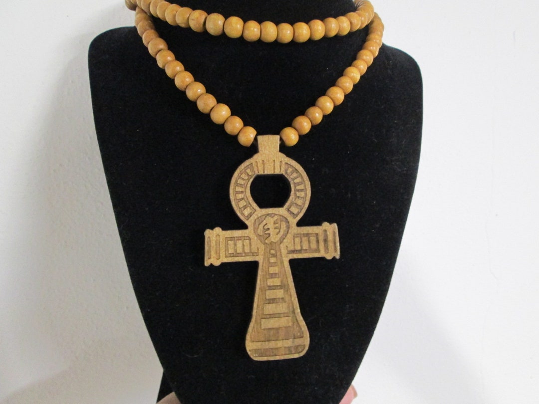 Authentic Vintage 60's> Huge Wooden ANKH Necklace> 32" Long Chain> Very ...