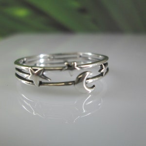 Floating Sterling Silver Moon and Stars Ring>celestial Ring,cresent ...
