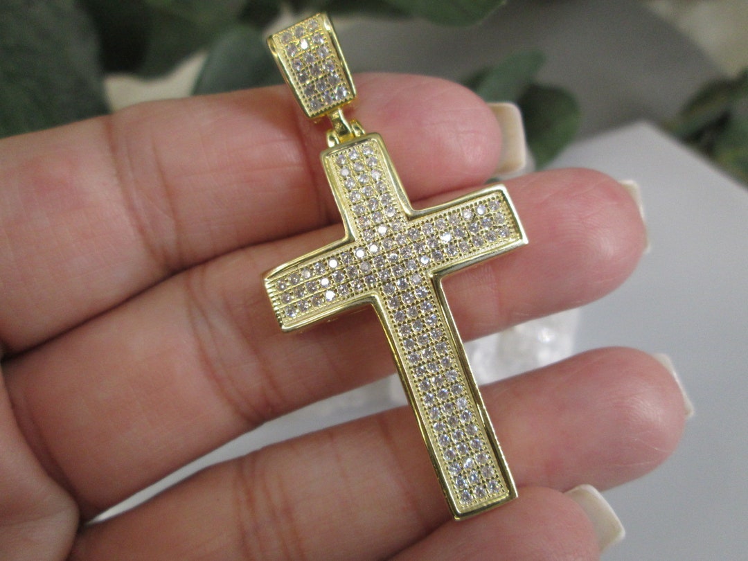 Large Gold Cross With Simulated Diamonds>14kt.gold Over Sterling Cross ...