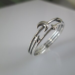 Floating Sterling Silver Moon and Stars Ring>celestial Ring,cresent Moon Ring,star Ring,moon and ...