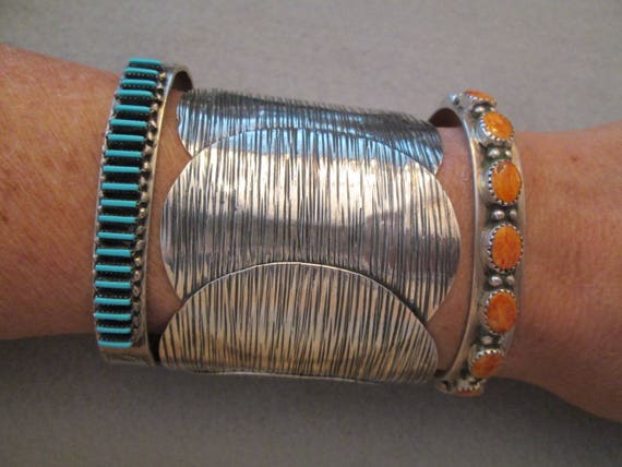 Wide Sterling Silver Cuff Bracelet>925 Silver Geometr… - Gem