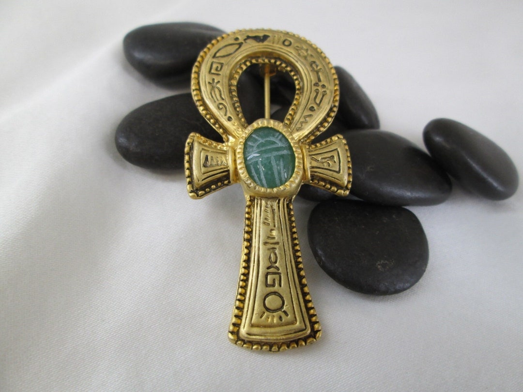 Gold Scarab ANKH Brooch/pin>hieroglyphics>egyptian Scarab Ankh Pin,gold ...